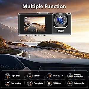 SIXWIN Dash Cam Front and Rear Triple lences Dash Cam with 32G TF Card 2 inch Dashboard Camera 1080P Full HD 130°Wide Angle with Parking Monitor Loop Record Voice Record Night Vision Backup Camera