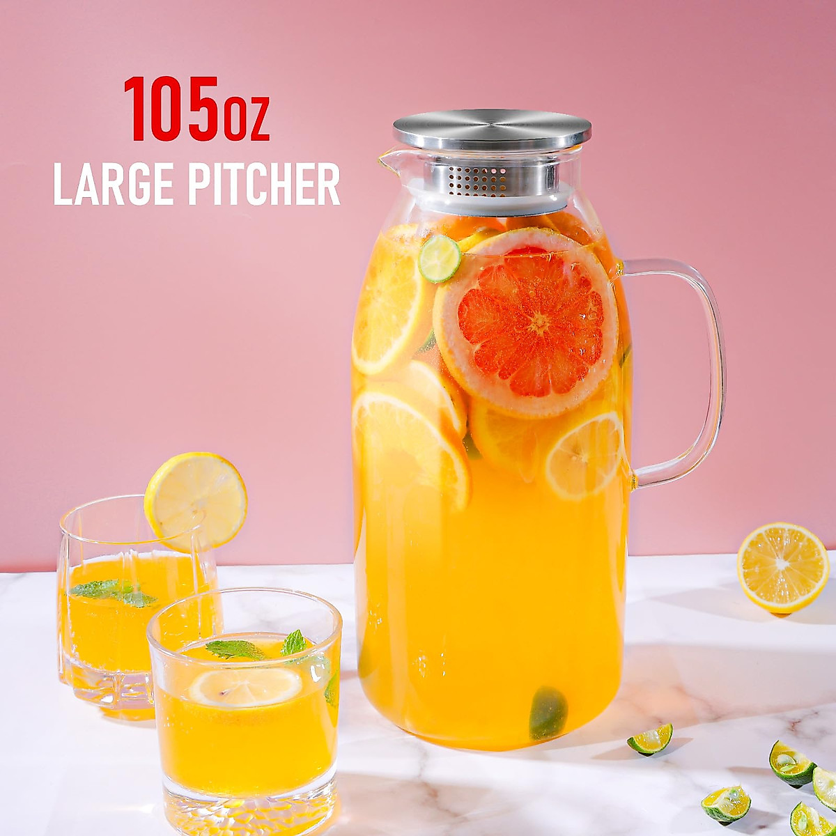 Glass Pitcher, veecom 105 Oz Large Pitcher with Lid, Glass Water Pitcher with Handle and Lid, Drink Pitcher with Lid for Parties, Iced Tea Pitcher for Fridge, Lemonade Juice Jugs/Pitchers for Drinks