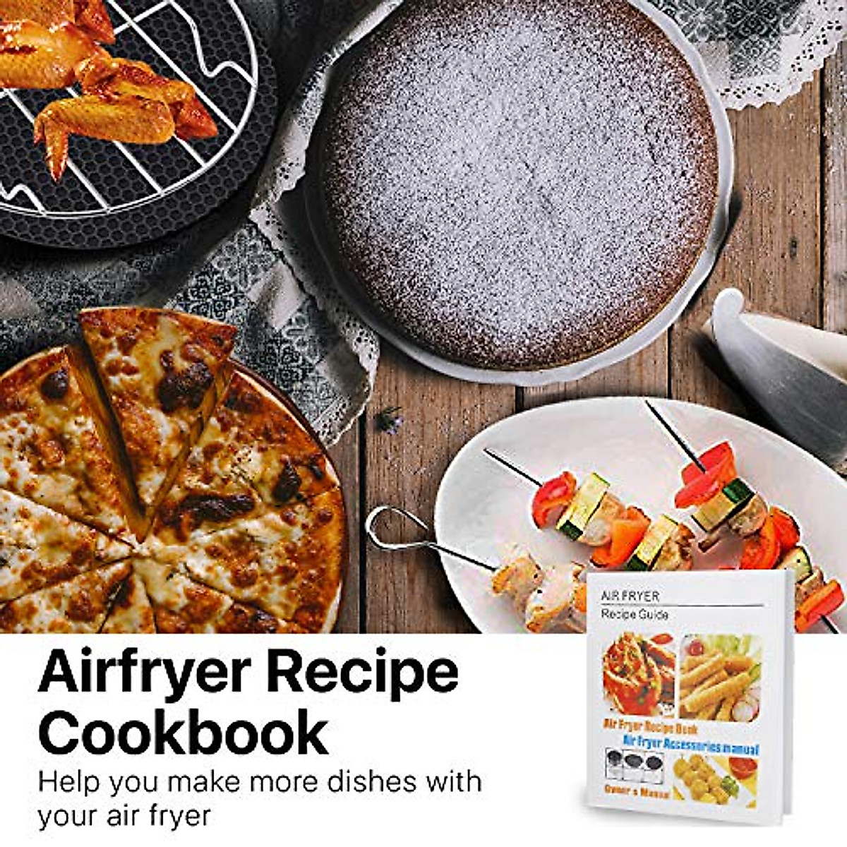 Flexzion Air Fryer Accessories for Phillips Gowise Ninja Foodi Cozyna Cosori Nuwave Air Fryer Accessories Parts 6 Set 7 Inch Fit All 2.6, 3.7, 5, 5.3, 5.8, 6, 8, 12 QT with Air Fryer Recipe Cookbook