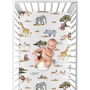 Sweet Jojo Designs Jungle Animals Boy Girl Fitted Crib Sheet Baby Toddler Nursery Hunter Green Yellow Grey Rust Orange Black White Wildlife Safari Animal Elephant Giraffe Lion Monkey Leopard Cheetah
