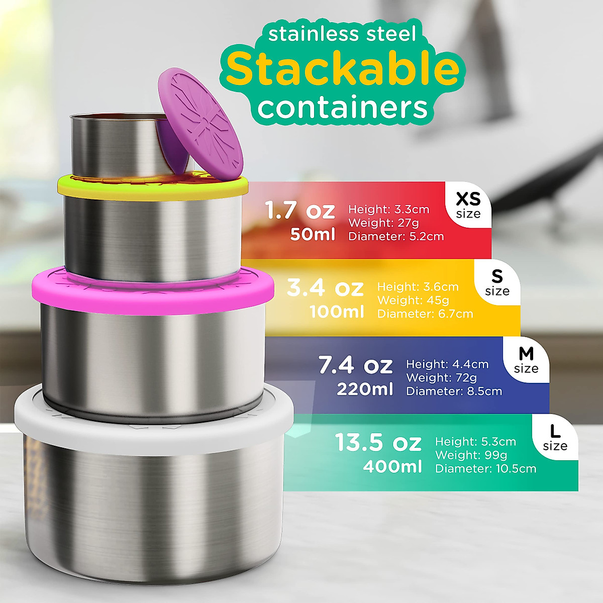 SIMPLY PEP Stainless Steel Container with lids Kids Lunch Containers - Set of 4 Stainless Steel Snack Containers Dip Containers For Lunches Metal Kids Lunch Box Container
