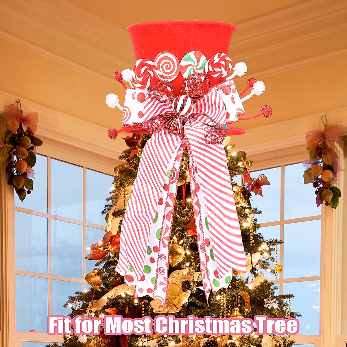 HMASYO Candy Cane Christmas Tree Topper, Large Red Tree Topper Hat with Candy Peppermint Bows Ribbon Ornament, Top Hat Christmas Tree Topper for Home Office Holiday Tree Decoration Xmas Gift