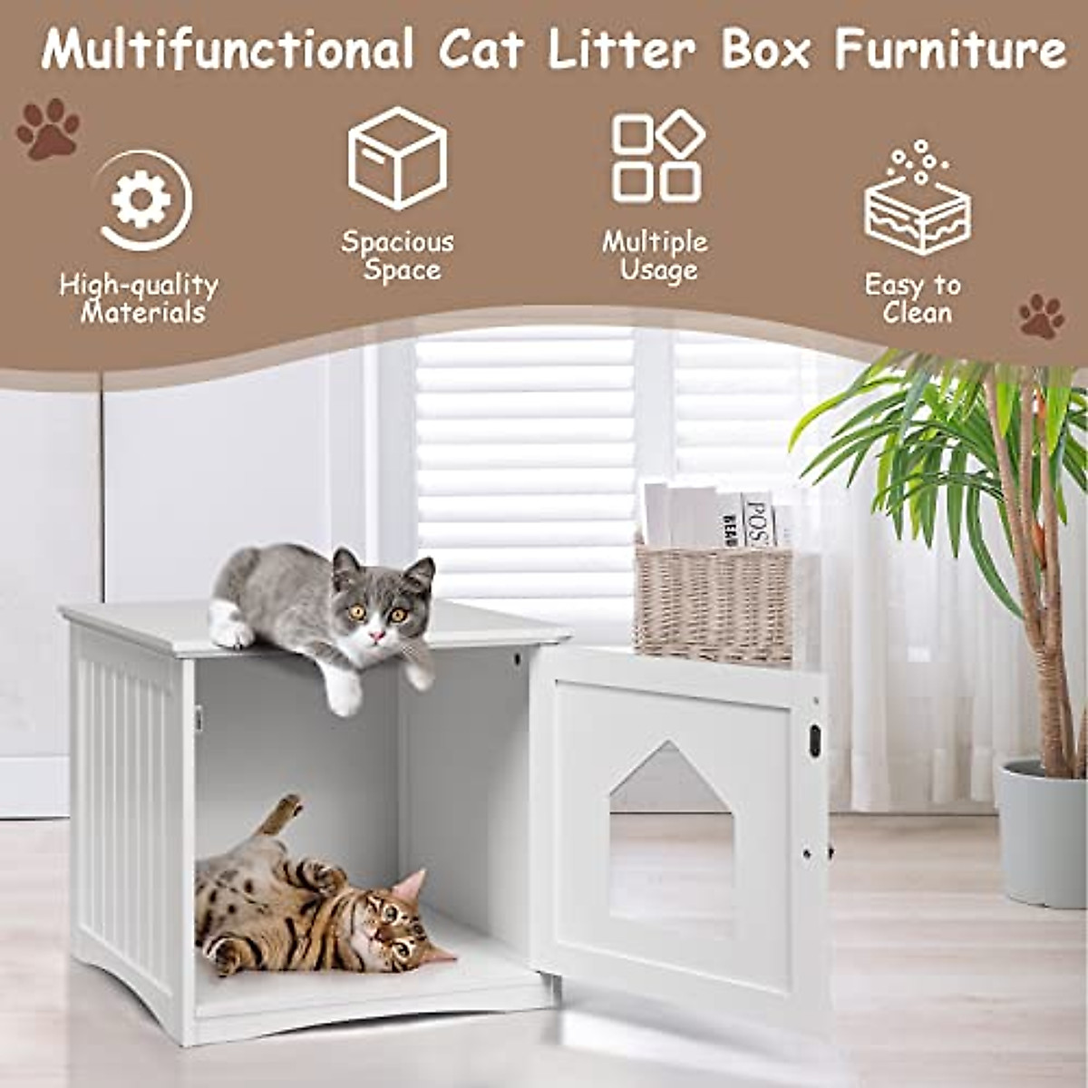 PETSITE Cat Litter Box Enclosure, Hidden Litter Box Furniture, Home Decorative Enclosed Cat House & Nightstand, Indoor Pet Crate, Kitty Washroom Cabinet