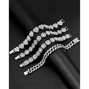 shopbyskyler 4PCS Gold Silver Bracelets for Women Diamond Cuban Bracelet Layered Link Bracelet Set Fashion Jewelry (Silver, 8inch)