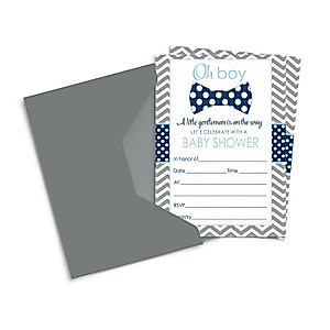 Bow Tie Baby Shower Invitations with Envelopes (15 Pack) Blank Invites for Boys Parties - Little Man Theme Blue and Grey – Blank Invite to Handwrite Custom Details - 4x6 Printed Card Set