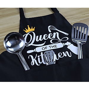 Jpayxese Funny Cooking Aprons for Women with Pockets, Black Queen of the Kitchen Apron Cute Gifts for Wife Grandma Mom Girlfriend (queen of One Size