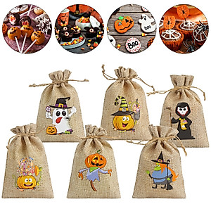 LOKIPA 36 Pcs Halloween Burlap Gift Bags with Drawstring Small Jute Pouches for Kids Adults Party Supplies