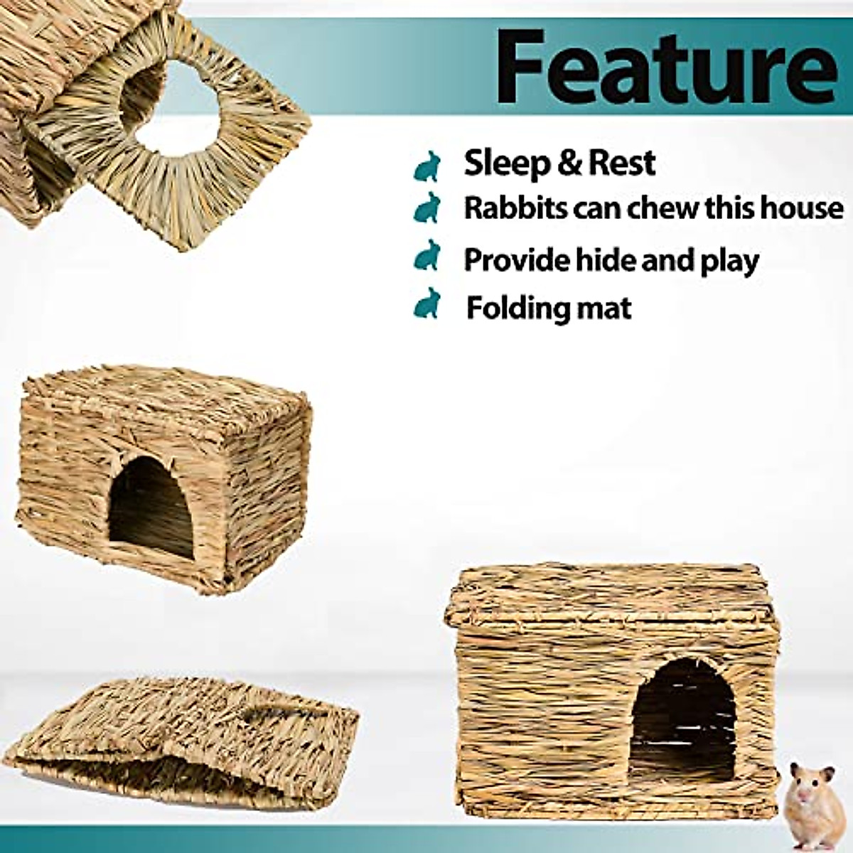 HERCOCCI Extra Large Grass House for Rabbit, Foldable & Comfortable - Small Animal Hut Play Hideaway Bed Hay Mat Chew Toy for Bunny Guinea Pig Hamster Chinchilla (1 Pack)