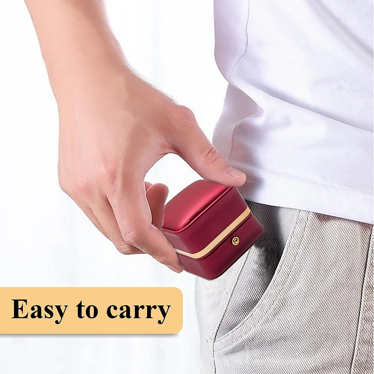 Eveynsh Wedding Engagement Ring Box Red, Square Leather Velvet Jewelry Ring Bearer Box, Premium Gorgeous Vintage Single Slot Ring Box for Proposal, Ceremony, Anniversary, Gift