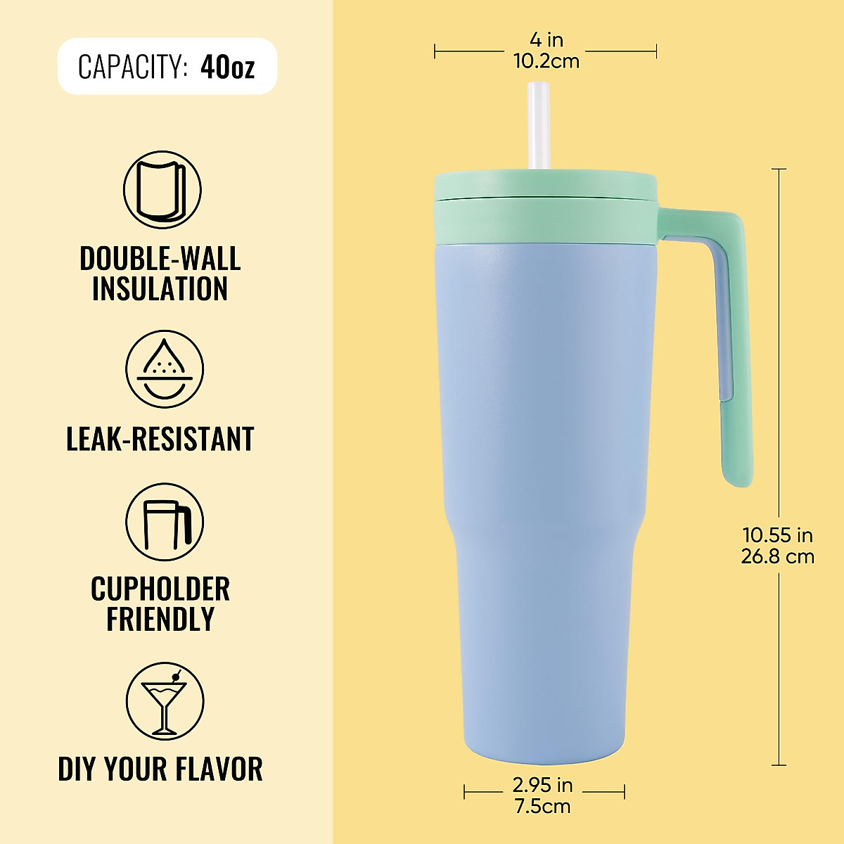 Fijinhom 40 oz Tumbler with Handle and Straw, Triple Layer Insulated Stainless Steel Water Bottle with Infuser, Travel Tumbler Fit Most Cupholder, Gifts for Women & Men, Light Blue