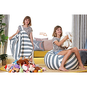 Aubliss Stuffed Animal Bean Bag Storage Chair, Beanbag Covers Only for Organizing Plush Toys, Turns into Bean Bag Seat for Kids When Filled, Medium 32"-Canvas Stripes Grey/White