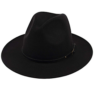 Lanzom Womens Classic Wide Brim Floppy Panama Hat Belt Buckle Wool Fedora Hat (One Size, Black)