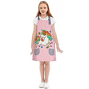 FUSOTO Unicorn Kids Aprons for Girls, Kids Cute Kitchen Cooking Apron for Ages 6-12, Kids Artist Painting Apron with Pockets, Arts and Crafts for Kids, Unicorns Gifts for Girls