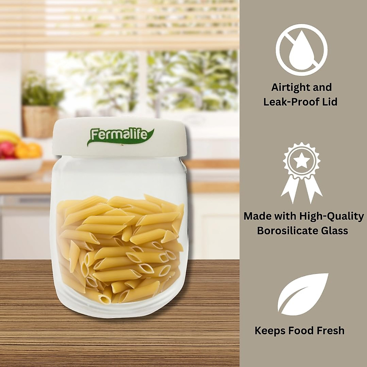 FERMALIFE - Food Storage Jar Containers, Borosilicate Glass Vacuum Seal Lids, Airtight Food Pantry Seal, Flour, Cereal, Pasta, Grains, Oats Canister | Size: 13.5oz, 27oz, 41oz (13.5oz - BLACK)