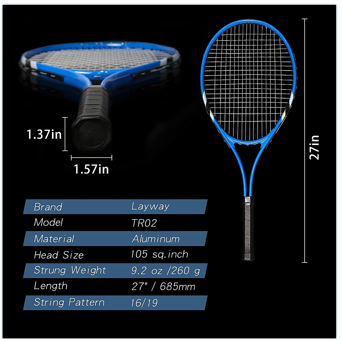 Layway Tennis Rackets 2 Players Recreational for Beginners ,Pre-Strung 27 Inch Light Adult Racquet Set for Women Men with Tennis Balls,Overgrips and Carry Bag (Blue)