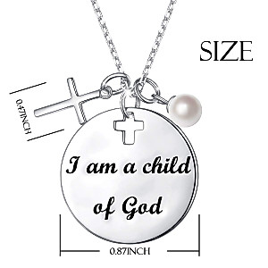 DAOCHONG Easter Gift Religious Jewelry 925 Sterling Silver I Am a Child of God Laser Engraved Round Plate Pendant Necklace with Cross Charm, 18 + 2 inches