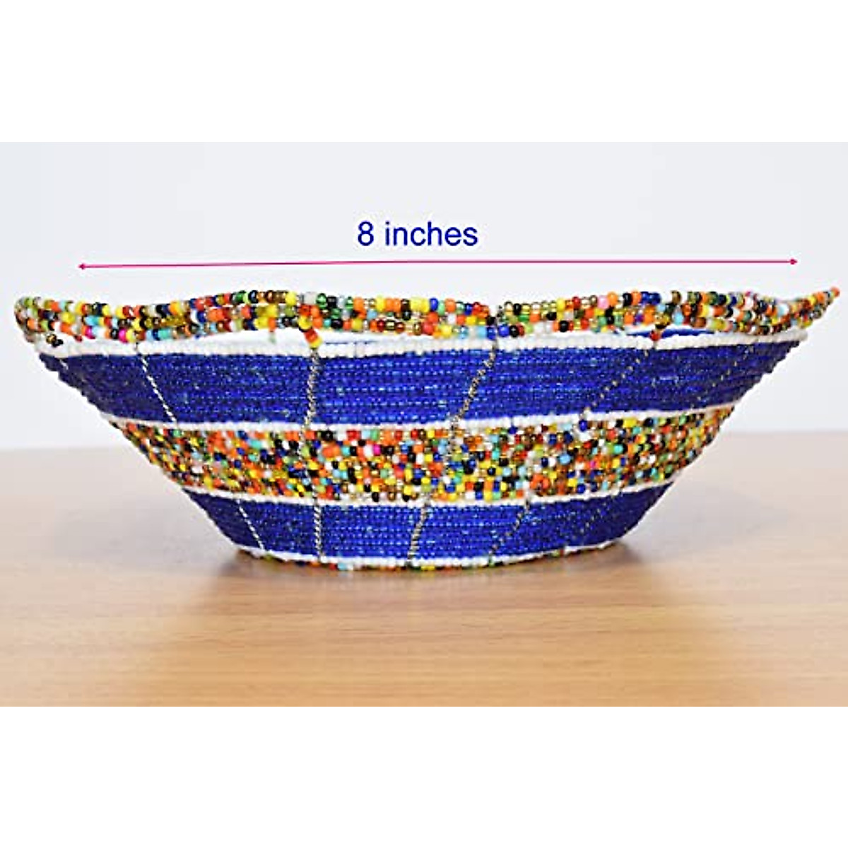 Set of 3 African Beaded Wire Bowls (2 x Large blue/red, 8 Inches + 1 Small blue, 6 inches) - Maasai Jewelry Bowl - Handmade in Kenya, KSBOWL012