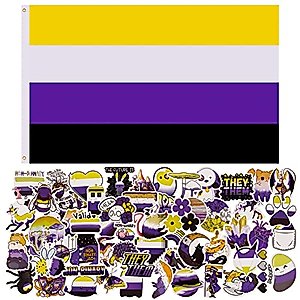QUEEN KING 3x5 FT Non Binary Pride Flag and 60 Pcs Nonbinary Pride Stickers LGBTQIA Non-Binary NB Gender Rainbow Banner Large LGBT NB Flag Gender Identity Flag Polyester with Brass Grommets