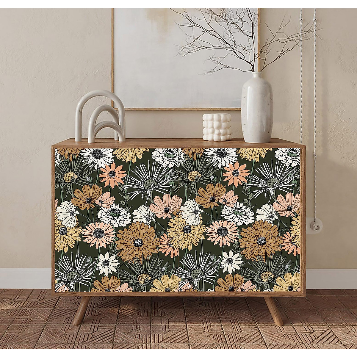 Akywall Vintage Green Floral Wallpaper Peel and Stick Textured Boho Flower Contact Paper Retro Self Adhesive Removable Vinyl Roll Daisy Leaf Mural Forest Green/Brown/White 17.3 x 78.7in