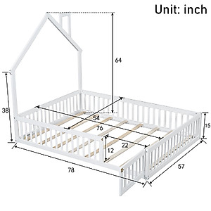 MAKIAAP Full Size Montessori Floor Bed Frame with 12 Inches Height Safety Guardrails and Door,Platform Bed Frame with House-Shaped Headboard for Girls, Boys, Wooden Slat Support, White