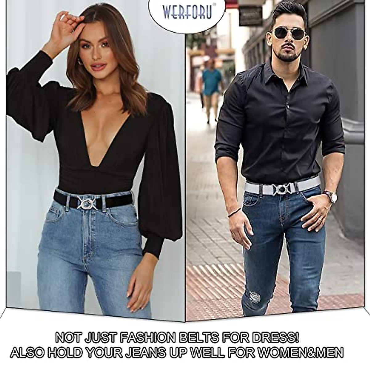 WERFORU 2 Pack Women Men Skinny Elastic Waist Belt Stretchy Thin Belt for Dress Jeans?Black+White, Fit Waist Size 25-28 Inches
