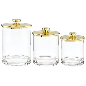 mDesign Plastic Apothecary Canister Jar Storage Organizer for Bathroom, Bedroom, Vanity, Kitchen Cabinet Organization - Holds Cotton Swab - Lumiere Collection - Set of 3 - Clear/Soft Brass