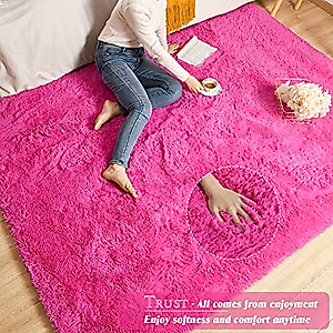 Rtizon Super Soft Fluffy Bedroom Rug, 5.3x7.6 Feet Shag Rug with Non-Slip Bottom for Bedside Living Room Dorm Nursery, Fuzzy Furry Shaggy Area Rug for Indoor Kids Baby Home Decor, Hot Pink