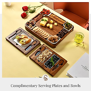 Shanik Upgraded Acacia Cheese Board Set, Square Shaped Charcuterie Set, Cheese Platter, Handcrafted Design and Stainless Steel Cutlery Set - Gift For any Occasion without engraving