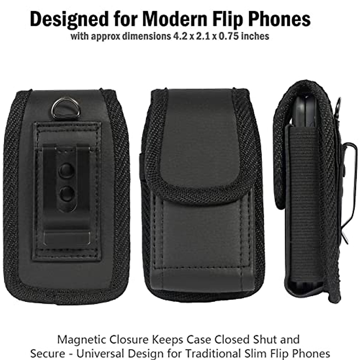 Black Vegan Leather Vertical Pouch Case for Alcatel Go Flip V, Go Flip 4, TCL Flip Pro Flip Go TCL Classic, Cingular Flip 2 3 4, Nokia 2720 V 2760 Flip Phone Case [with Belt Loop, Magnetic Closure]