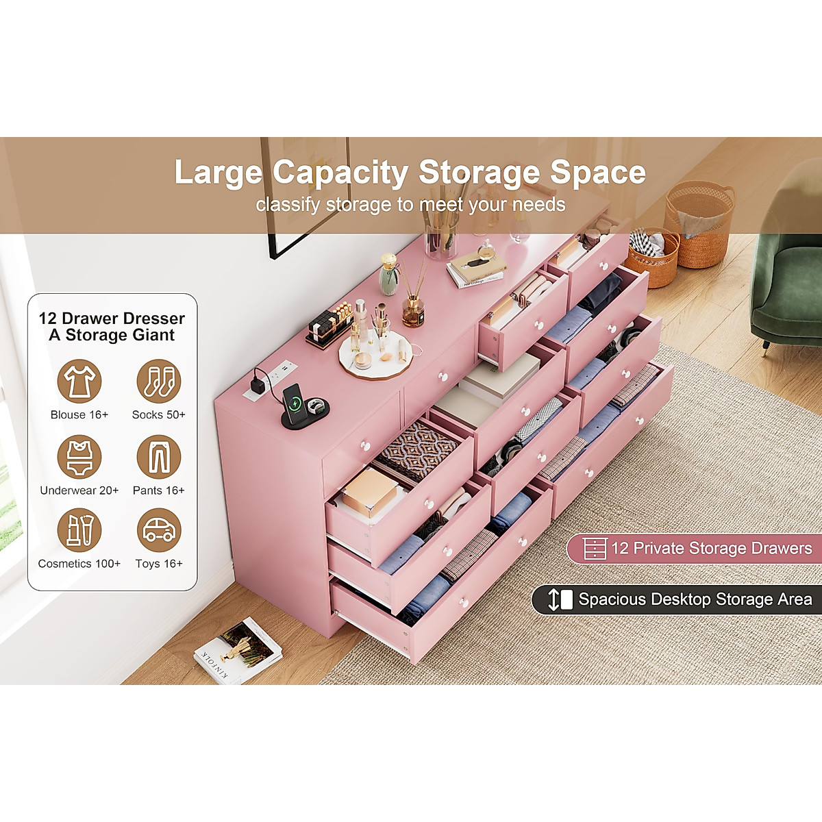 GarveeHome 12 Drawer Dresser for Bedroom, 61 Inch Wood Dresser with Power Outlet, Wide Dresser Chest of Drawers for Living Room, Hallway, Tall Dressers with Smooth Metal Rail, Large Storage, Pink