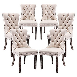 Qtivii Velvet Dining Chairs Set of 6, Tufted Dining Room Chairs with Button Back, Nailhead Trim, Upholstered Dining Chairs for Kitchen, Bedroom, Restaurant (Beige)