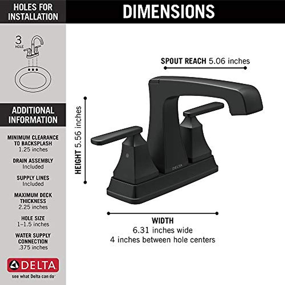 Delta Faucet Ashlyn Single Hole Bathroom Faucet, Single Handle Bathroom Faucet Matte Black, Bathroom Sink Faucet, Diamond Seal Technology, Drain Assembly, Matte Black 564-BLMPU-DST