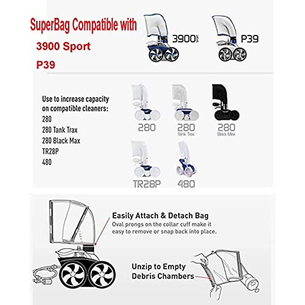 ATIE Innovative Design Pool Cleaner Double Chamber All Purpose SuperBag 39-310 with Hook and Loop Fastener Closure for Zodiac Polaris 3900 Sport and P39 Pool Cleaners SuperBag 39-310 (2 Pack)