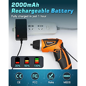 Vastar 8V Cordless Electric Screwdriver, 89Pcs Rechargeable Power Magnetic Screwdriver Kit in Carrying Case, with 10+1 Torque Settings, Dual Position Handle, Battery Indicator, Flexible Shaft, LED