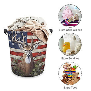 American Deer Flag Laundry Basket Hamper Bag Dirty Clothes Storage Bin Waterproof Foldable Toy Organizer for Bedroom Clothes Toys Basket