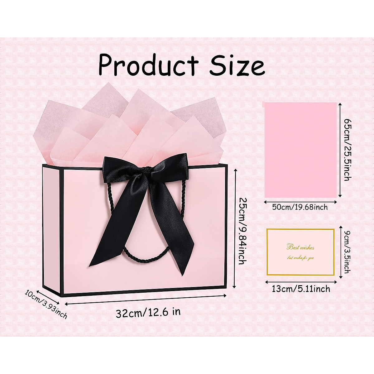 JMANNI Gift Bags, Large Gift Bags, 1Pcs Paper Gift Bag with 2 Tissue Paper and 1 Greeting Cards, Present Bags with Handles for Women Girls Bridesmaid Birthday Valentines Wedding Party (Black-Pink)