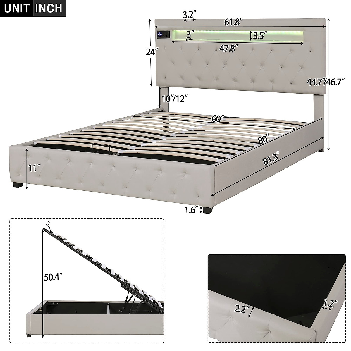 Queen Lift Storage Bed Upholstered Bed, Luxury Bed Frame With LED Light Bluetooth Player And USB Charging,Adjustable Linen Fabric Headboard,Hydraulic Storage Platform Bed For Kids Teen Adults (Beige)