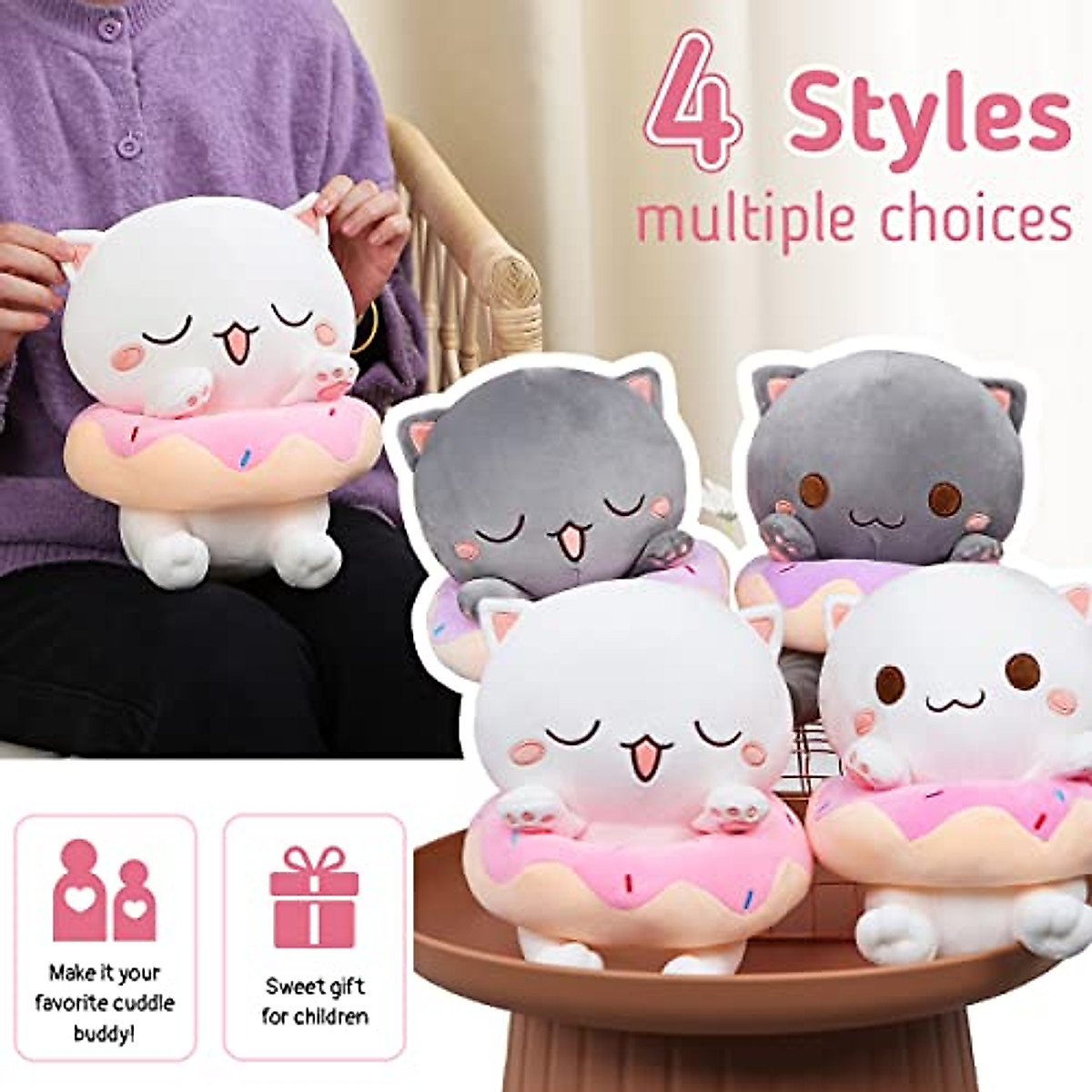 AIXINI Cute Plush Donut Cat Stuffed Animal, Super Soft Kawaii Cat Kitten Plushies for Kids 10inch (White,B)