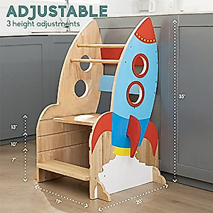 Max & Me Adorable Rocket Ship Toddler Kitchen Stool Helper, Adjustable Height Kitchen Stool for Toddlers. Safe Montessori Stool and Toddler Counter Stand Perfect for Learning and Baking