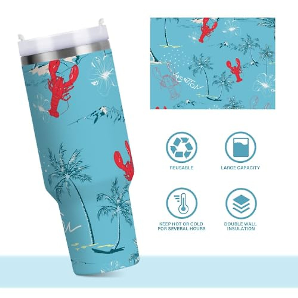 DIGTIA Stainless Steel Insulated Tumbler w/Handle & Straw, Lobster Double Wall Vacuum Travel Coffee Mug Cup w/Lid, Leak-Proof Sports Summer Beach Water Bottle,30oz