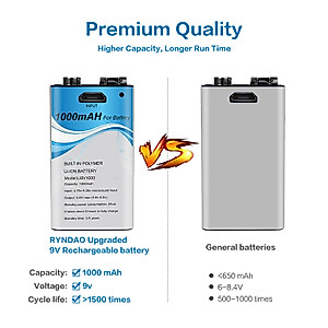 RYNDAO 9V Lithium Battery can Charge 1000 mAh, 2/Pack, 9V USB Fast Charging, Used for Microphone, Smoke Alarm, Electric Guitar, Metal Detector, multimeter, walkie Talkie, etc