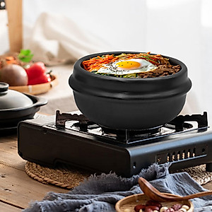 laffoonparts Korean Cooking Stone Pot Set, Premium Ceramic, D 6.3'' Stone Bowl Sizzling for Bibimbap and Soup, Korean Bibimbap Pot w/Tray & Stainless Steel Spoon No Lid