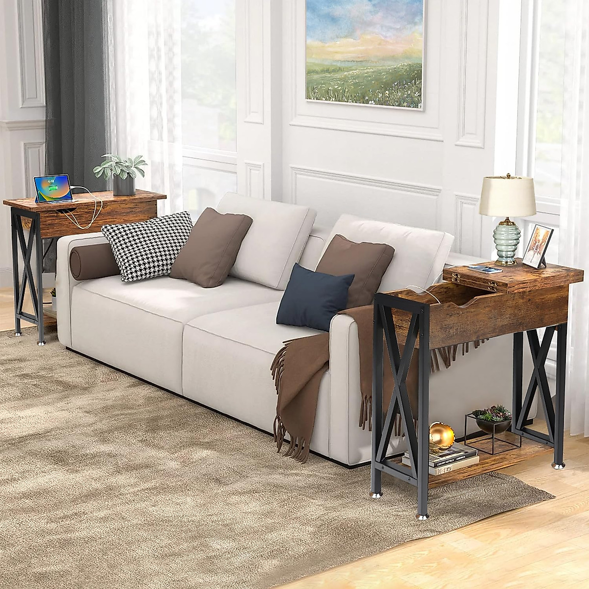 TooCust End Tables Living Room with Charging Station, Flip Top Side Table with USB Ports and Outlets, Couch End Tables, Narrow End Tables with 5.5" Deep Flip Top Drawer(11.2" D x 24" W x 24" H)