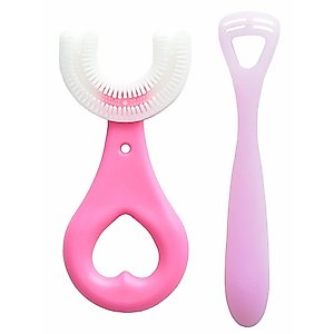 [2PC] Kids U Shaped Tooth Brush Safe Brushing For Teeth and Gums with Silicone Soft Tongue Scraper Cleaner [Ages 2-6] PINK