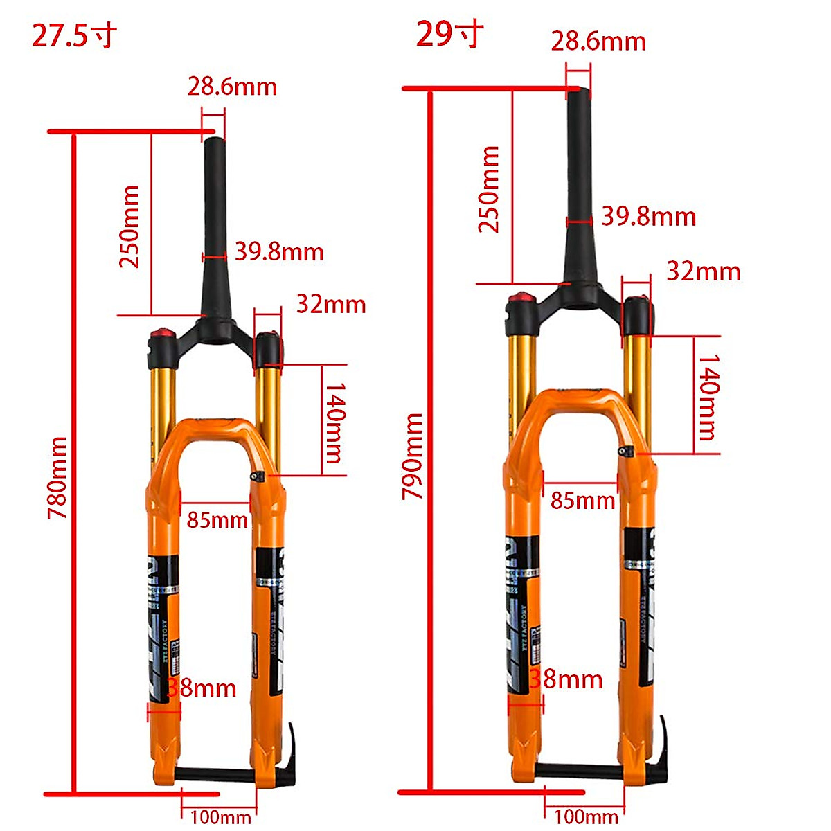 ZTZ MTB Forks Mountain Bike Suspension Fork 27.5 29 Inch Thru Axle 15mm MTB Air Suspension Fork, Travel 140mm Rebound Adjust 28.6mm Tapered Tube Manual Lockout Aluminum Alloy(Orange 27.5 inch)