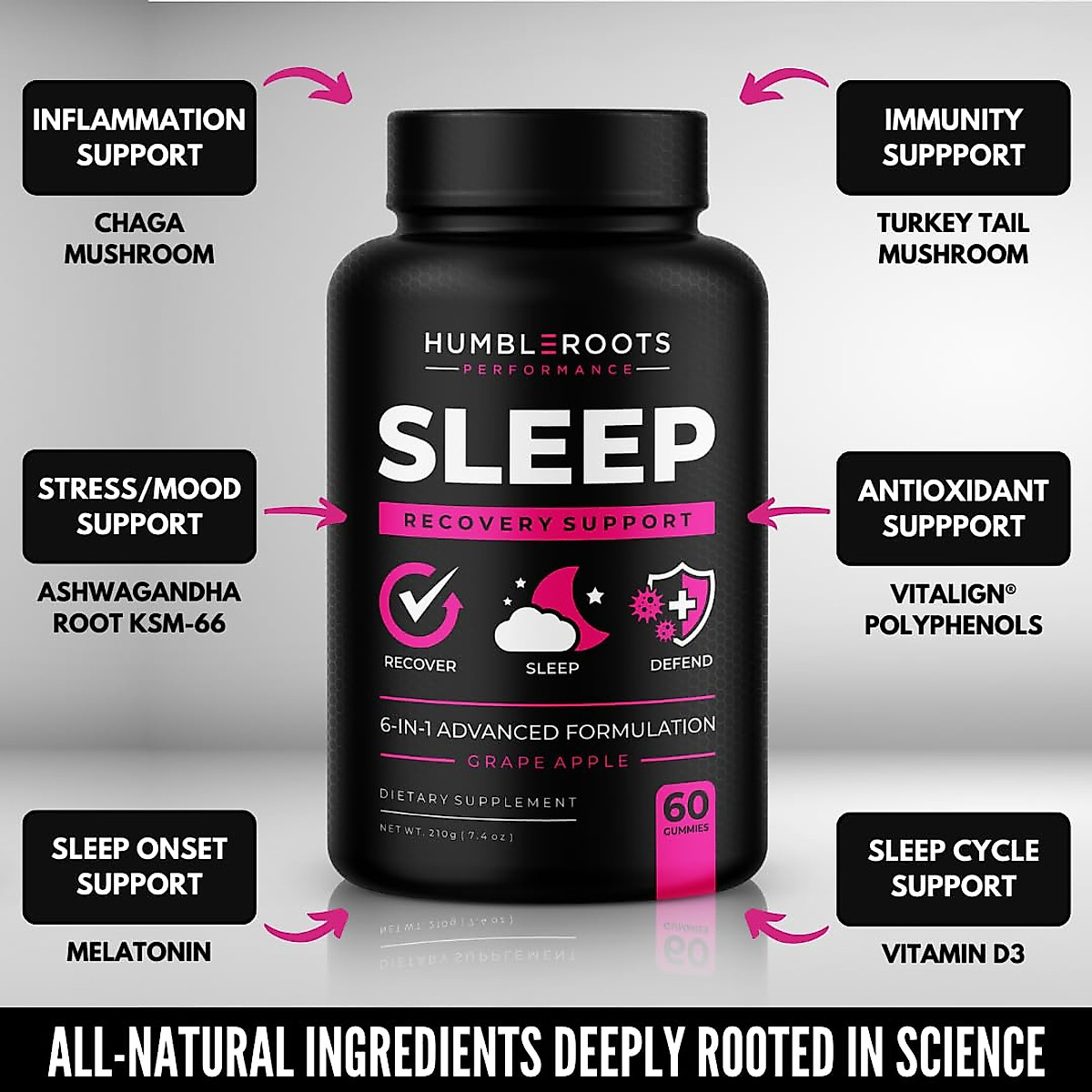 All-Natural Melatonin Gummies for Recovery, Immunity, & Sleep Support | Melatonin & Organic Ashwagandha KSM-66 | Chaga & Turkey Tail Mushroom | VitAlign Antioxidant Polyphenols & Vitamin D3 | 60-Count