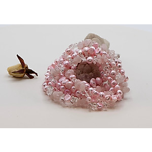 LTC Designs Set of 7 Dyed Pink Cultured Freshwater Baroque (5.5-6mm) Pearl and Rose/Crystal Quartz Stretch Bracelets, 7.5" for Women