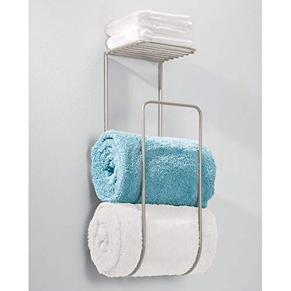 mDesign Bathroom Towel Holder and Organizer with Storage Shelf - Modern Metal Wall Mount Towel Rack - Towel Holder Rack for Bathroom with Shelf for Soaps and Accessories - Concerto Collection - Satin
