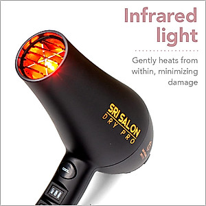 SRI Salon Dry Pro, Infrared Light Blow Dryer with Salon Results, Negative Ions for Reduced Frizz, Fast-Drying & Max Shine, 1875W, Free Attachments - Concentrator, Diffuser, & Comb