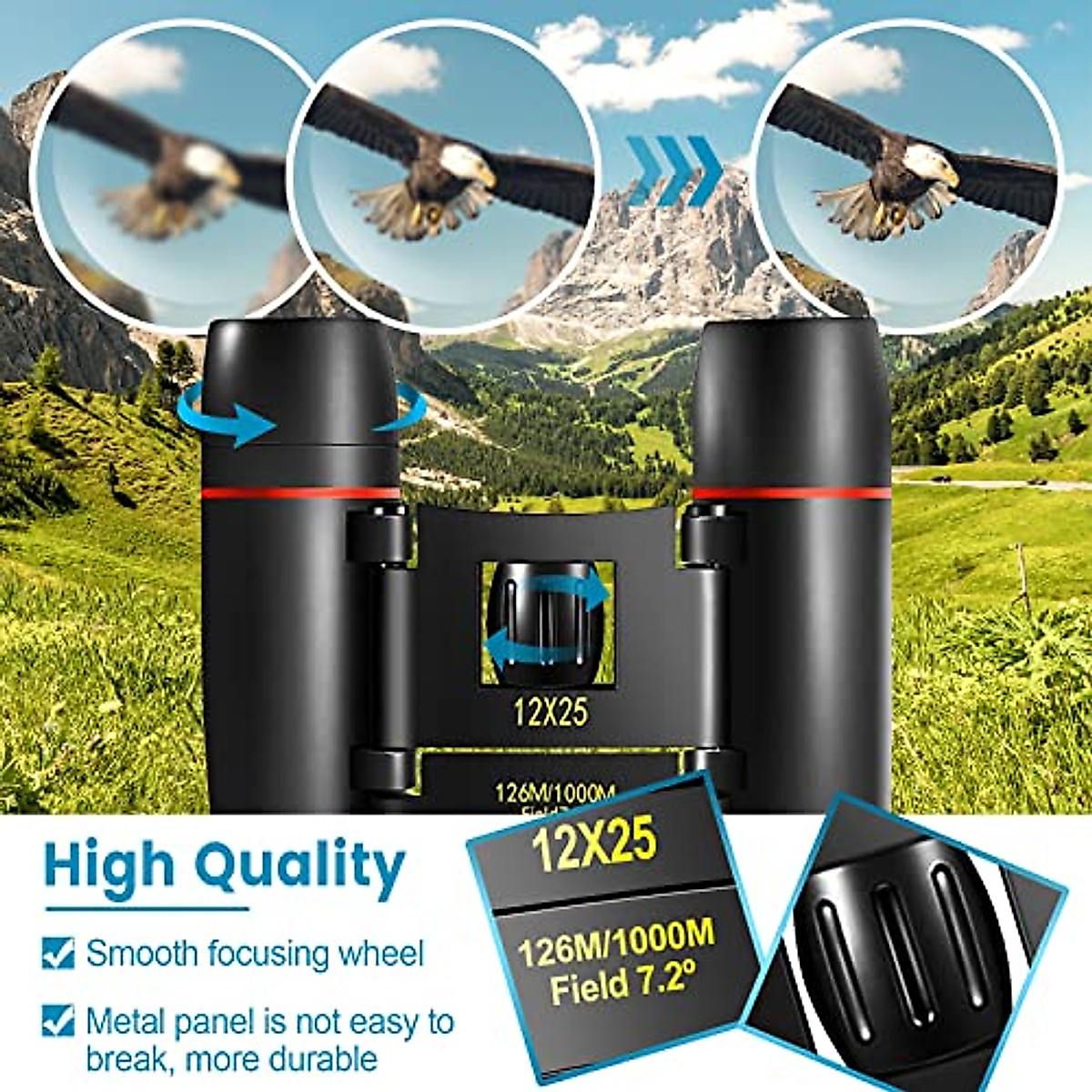 WRNRN 12X25 Mini Pocket Binoculars Compact, Small Lightweight Foldable Binoculars for Adults Kids Bird Watching, Travel, Opera Concert, Hiking, Cruise, Football Game